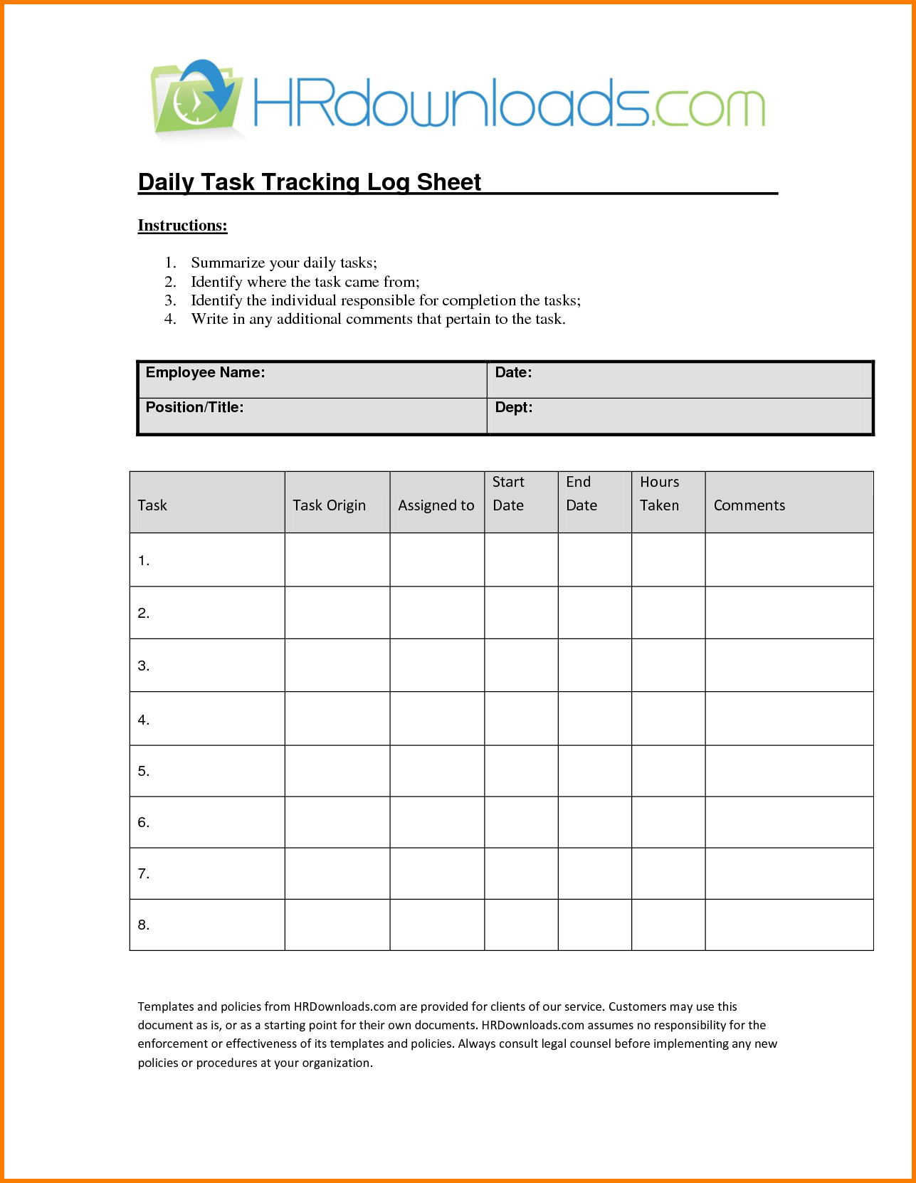 Daily Task Sheet For Employee Printable Receipt Template